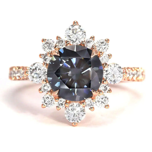 Earl Round Grey Blue Moissanite with Decorative Halo in Pave Band Ring ...